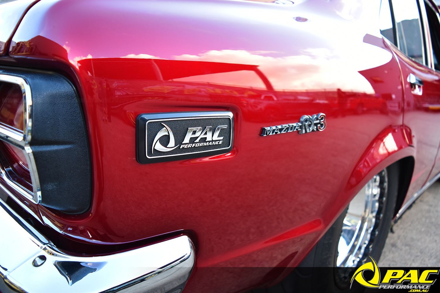 MAZDA RX3 'PAC PERFORMANCE' REAR QUARTER PANEL BADGE (REFLECTOR DELETE ...